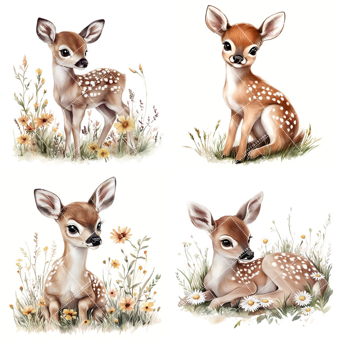 JPEG Fawn Baby Clipart, Baby Deer Wildflower, Nursery Animal Prints ...