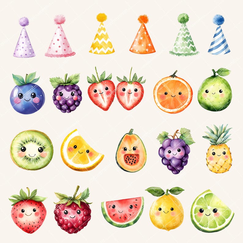 Watercolor Kawaii Fruit Clipart, Cute Fruit Clipart, Tutti Fruity ...