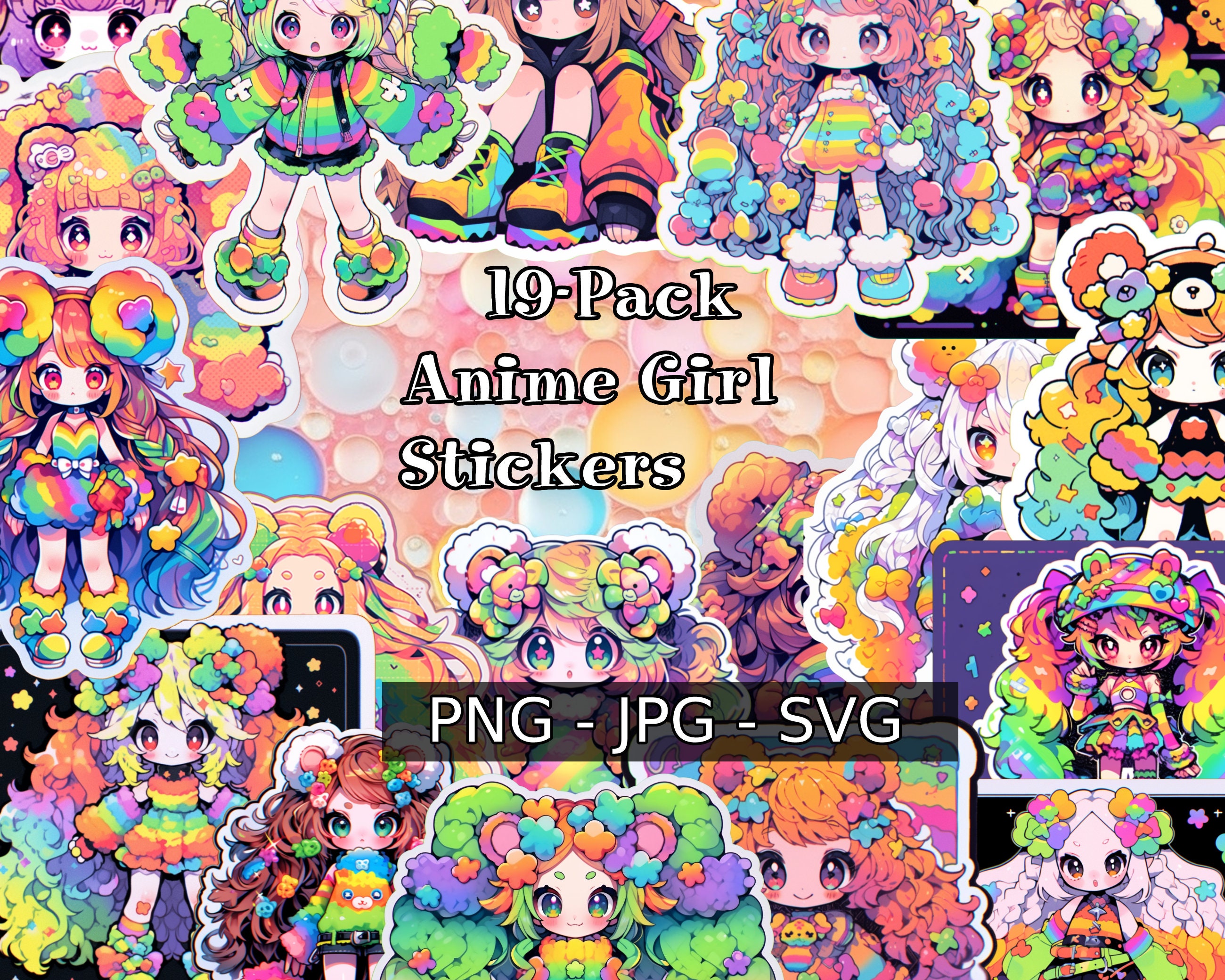 Rainbow Anime Girl Sticker 19-pack, Commercial Use Ok, SVG, JPG, PNG ...