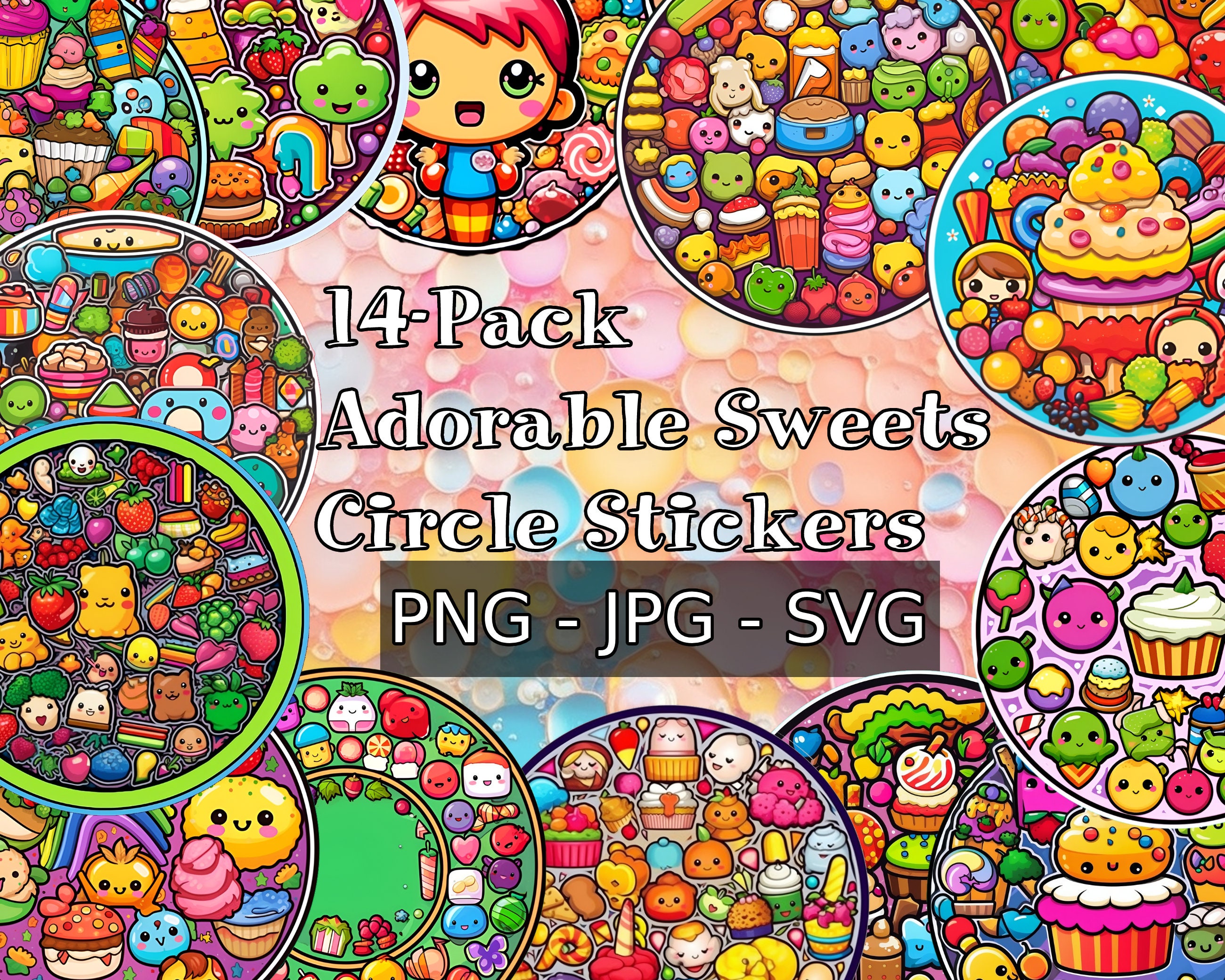 Cartoon Sweeties Circle Stickers Clipart Pack, Commercial Use Ok, SVG ...