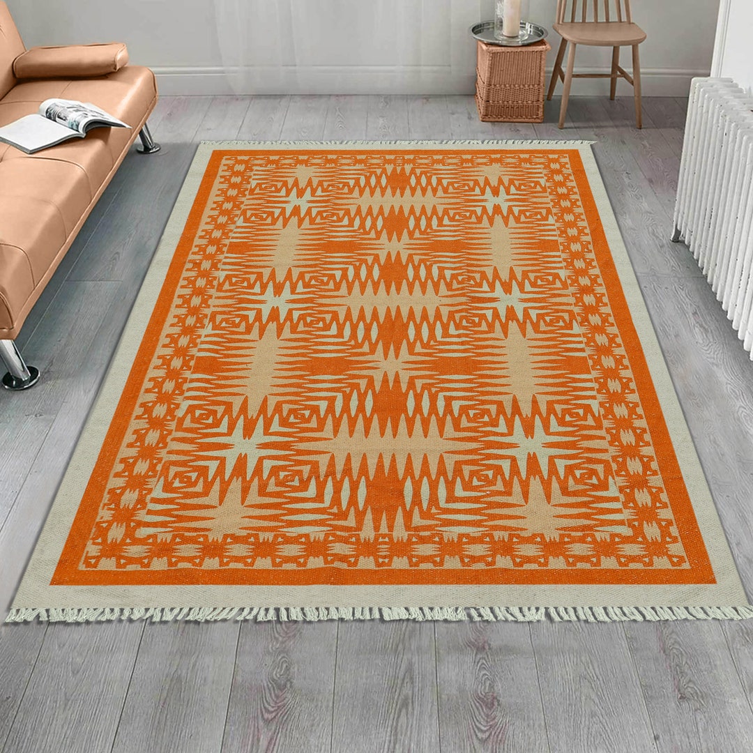 Orange Hand Block Printed Cotton Carpet Farmhouse Hallway Custom Area ...