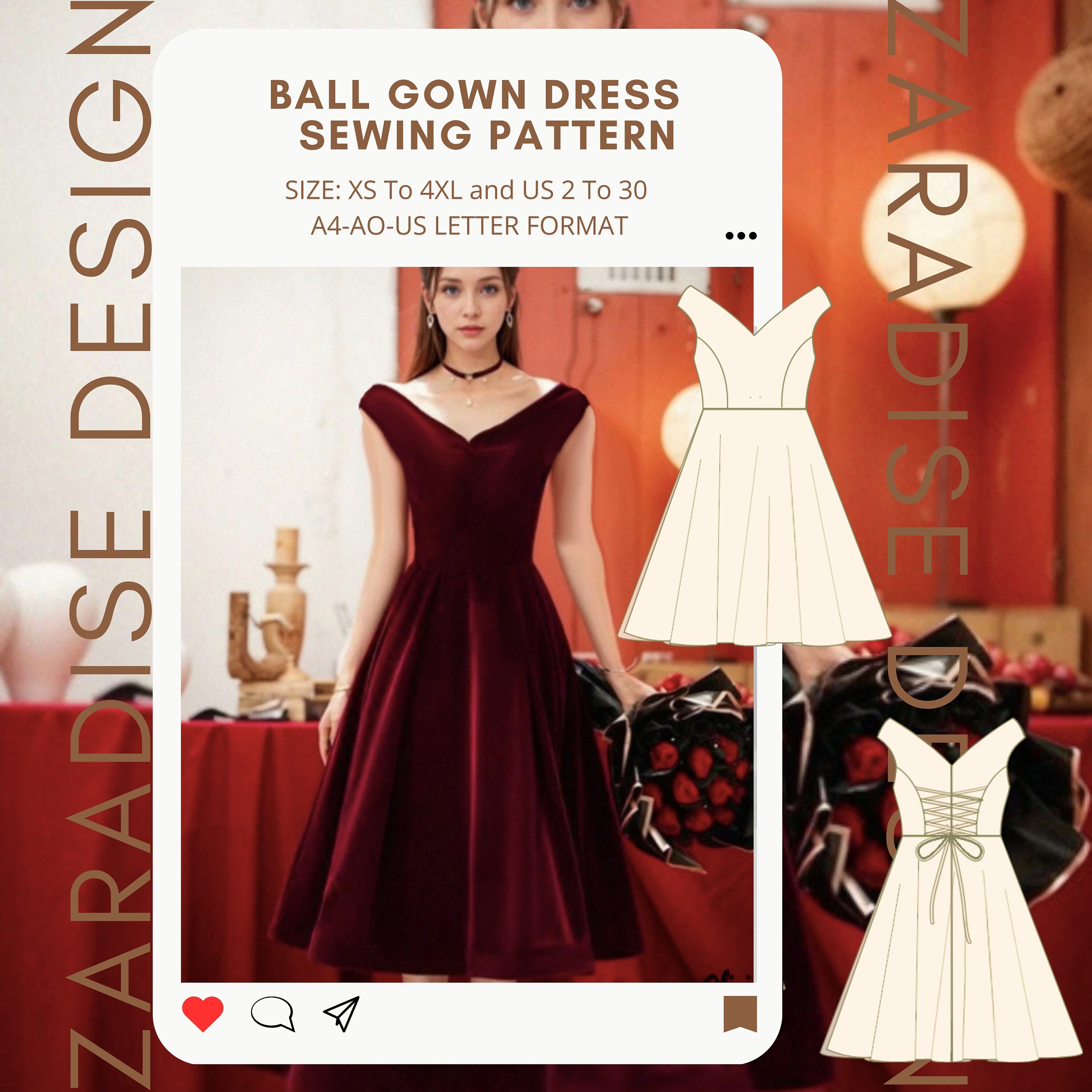 Ball Gown V Neck Dress Sewing Pattern PDF ,bridal Gown, Prom Dress ...