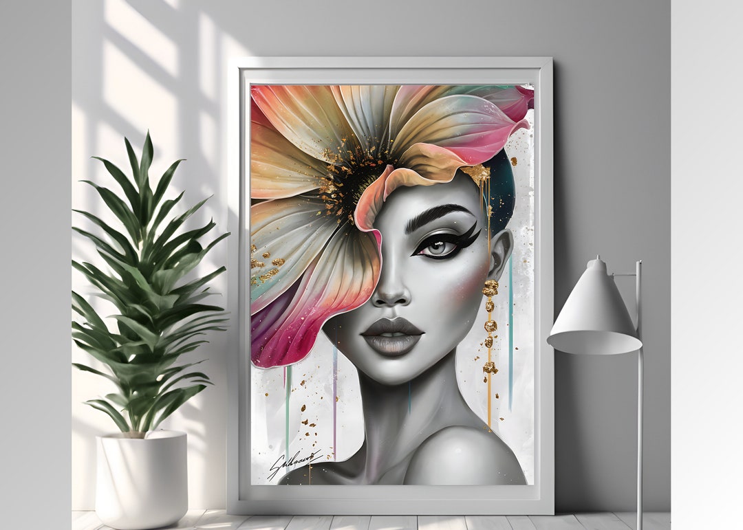 5 Set of Woman Head Flowers Wall Art/girl Flowers Poster/flower Woman ...