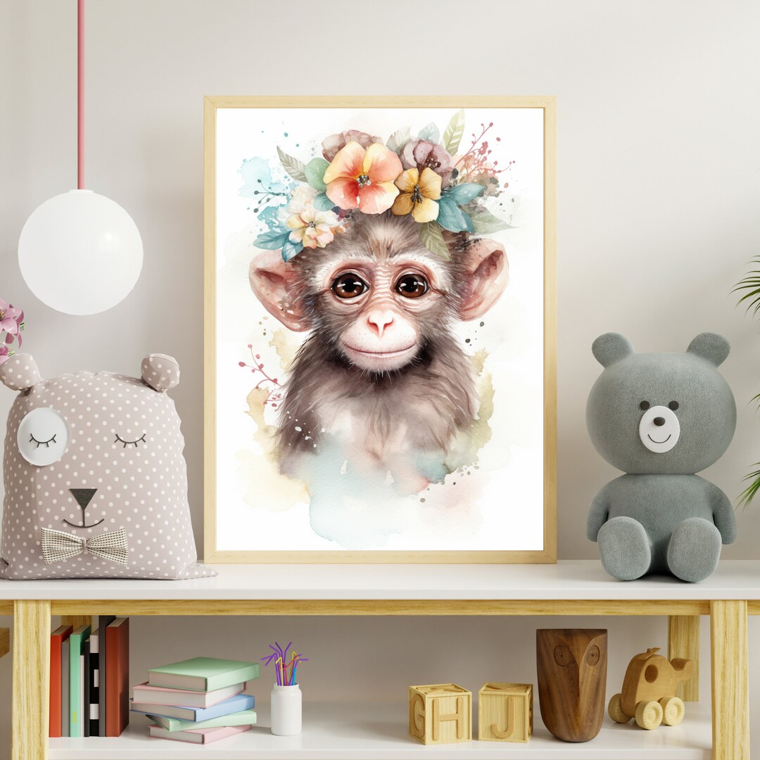 Watercolor Baby Monkey Printable Wall Art Digital Print | Nursery ...