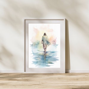 Jesus Christ Walking on Water Watercolor Pastel Wall Art Print ...