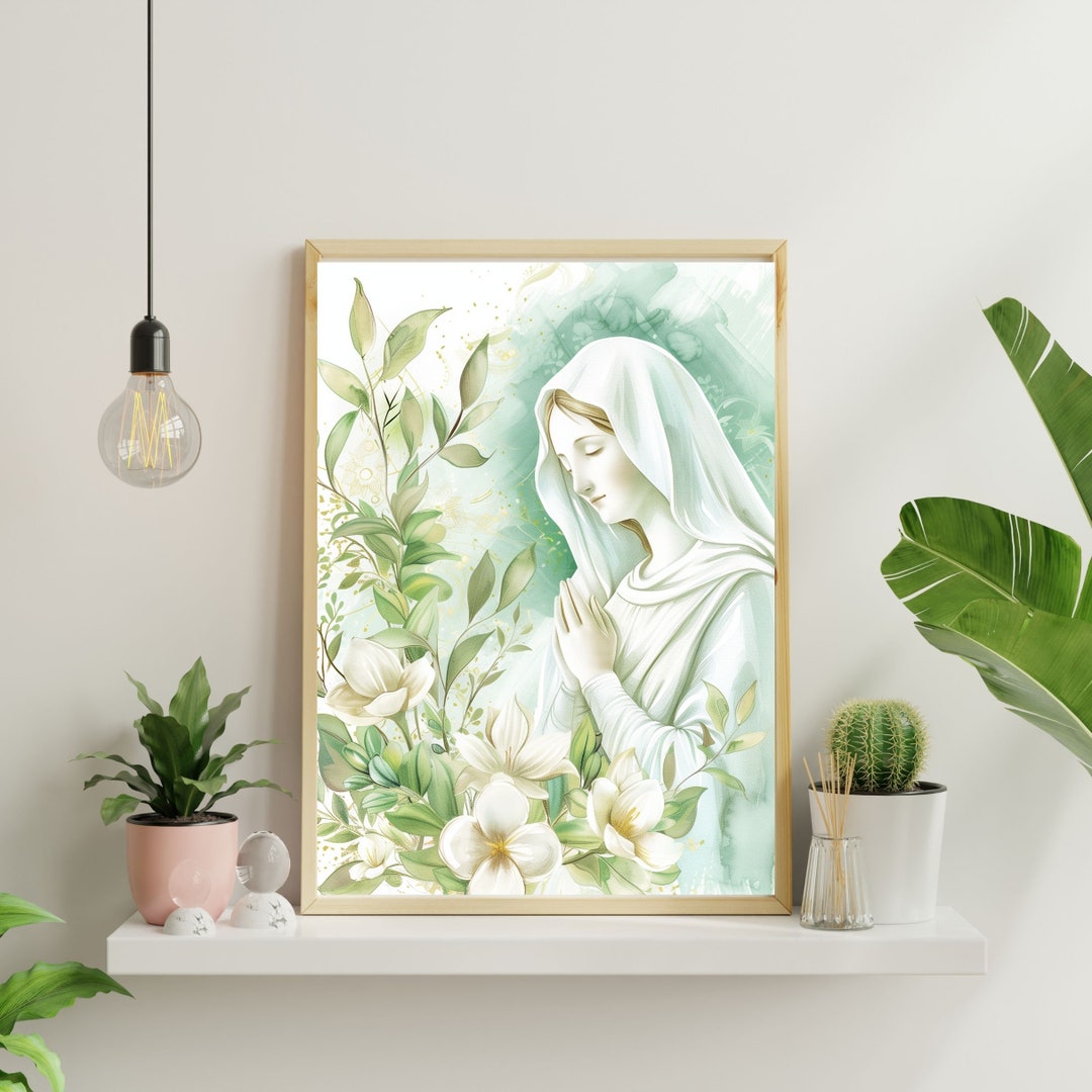 Green Mother Mary Watercolor Pastel Wall Art Print Catholic Wall Art ...
