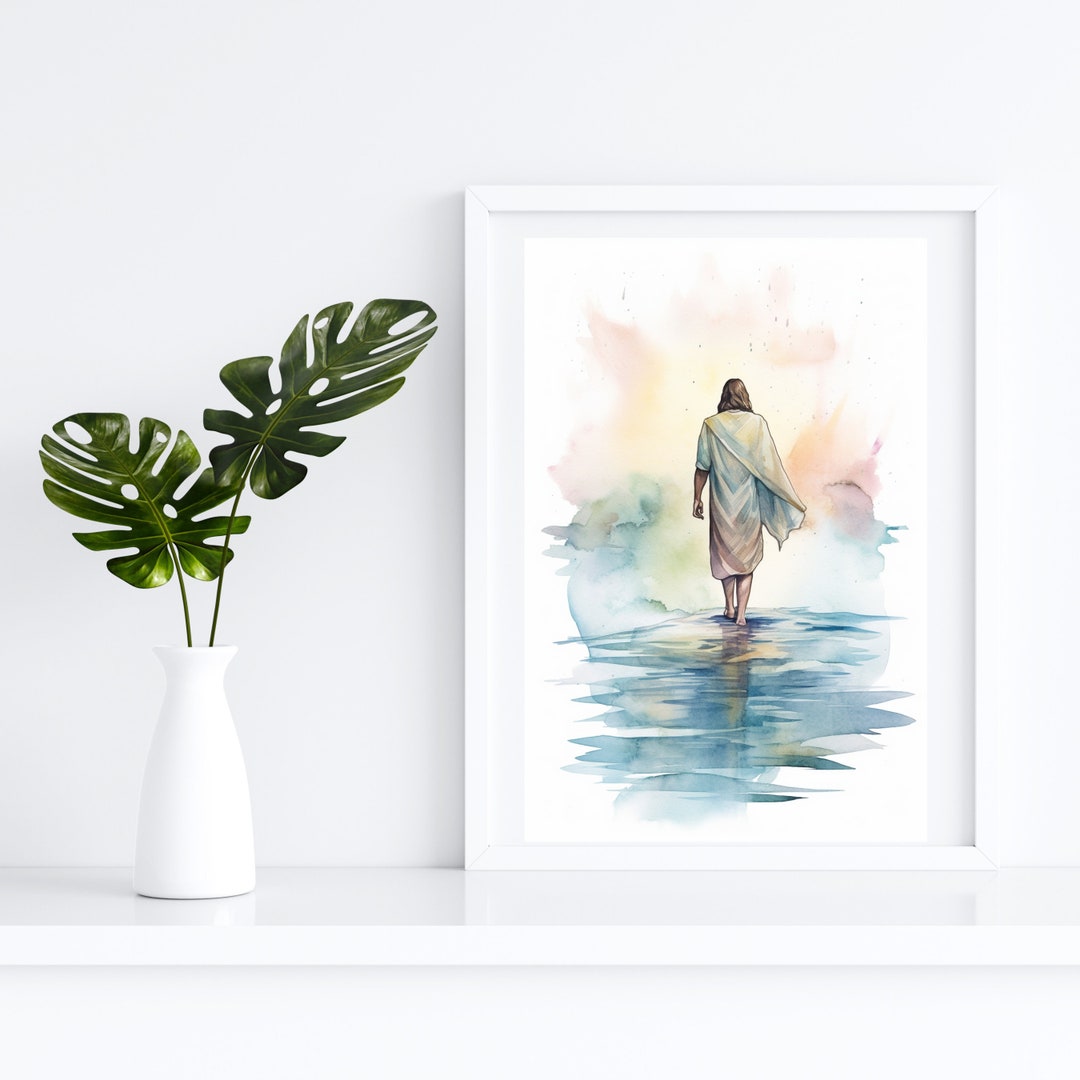 Jesus Christ Walking on Water Watercolor Pastel Wall Art Print ...