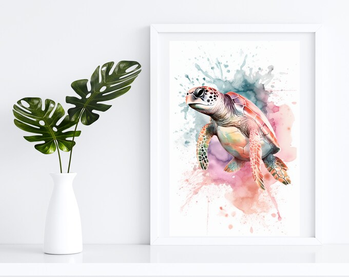 Pink Boho Sea Turtle Wall Art Print, Pastel Turtle Poster, Marine ...