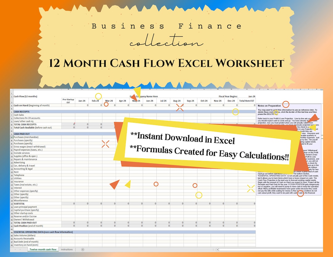 12-month Cash Flow Worksheet Excel Template W/ Pre-set Formulas for ...