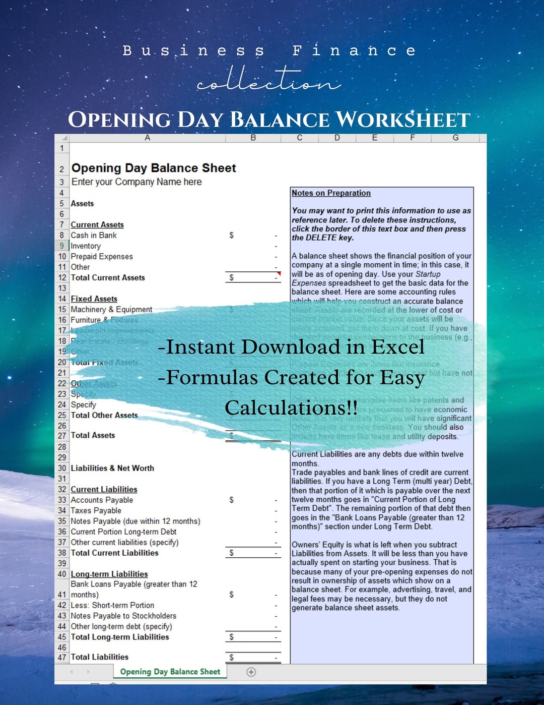 Opening Day Balance Worksheet - Excel Template W/ Pre-designed Formulas ...