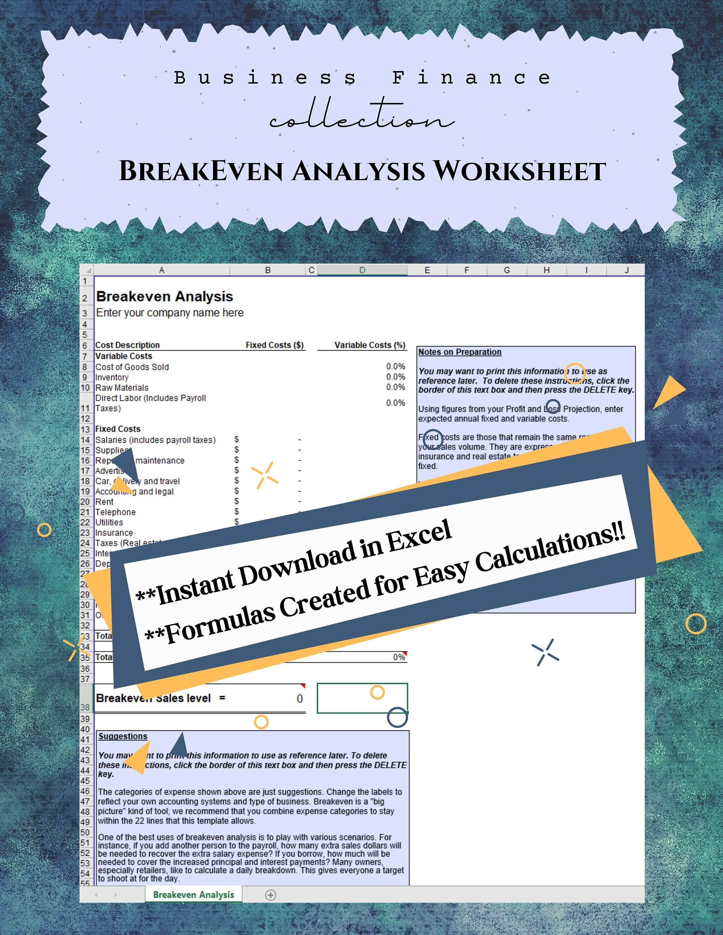 Breakeven Analysis Excel Worksheet Template - Instant Download - Etsy