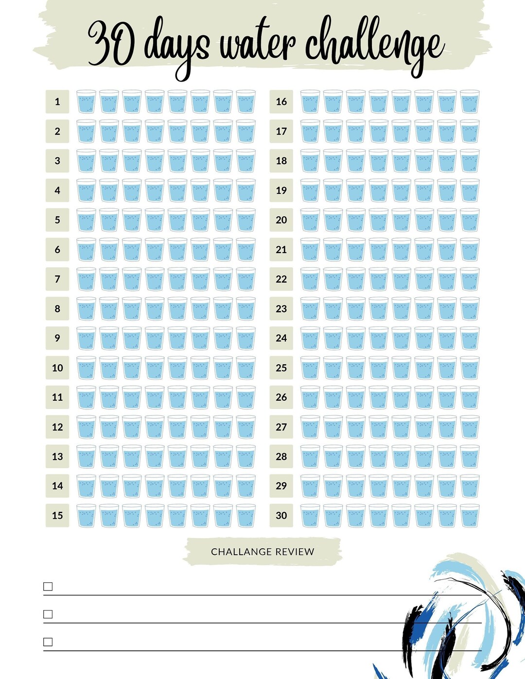 30 Day Water Challenge Template - Self Help, Employee Health, Healthy ...