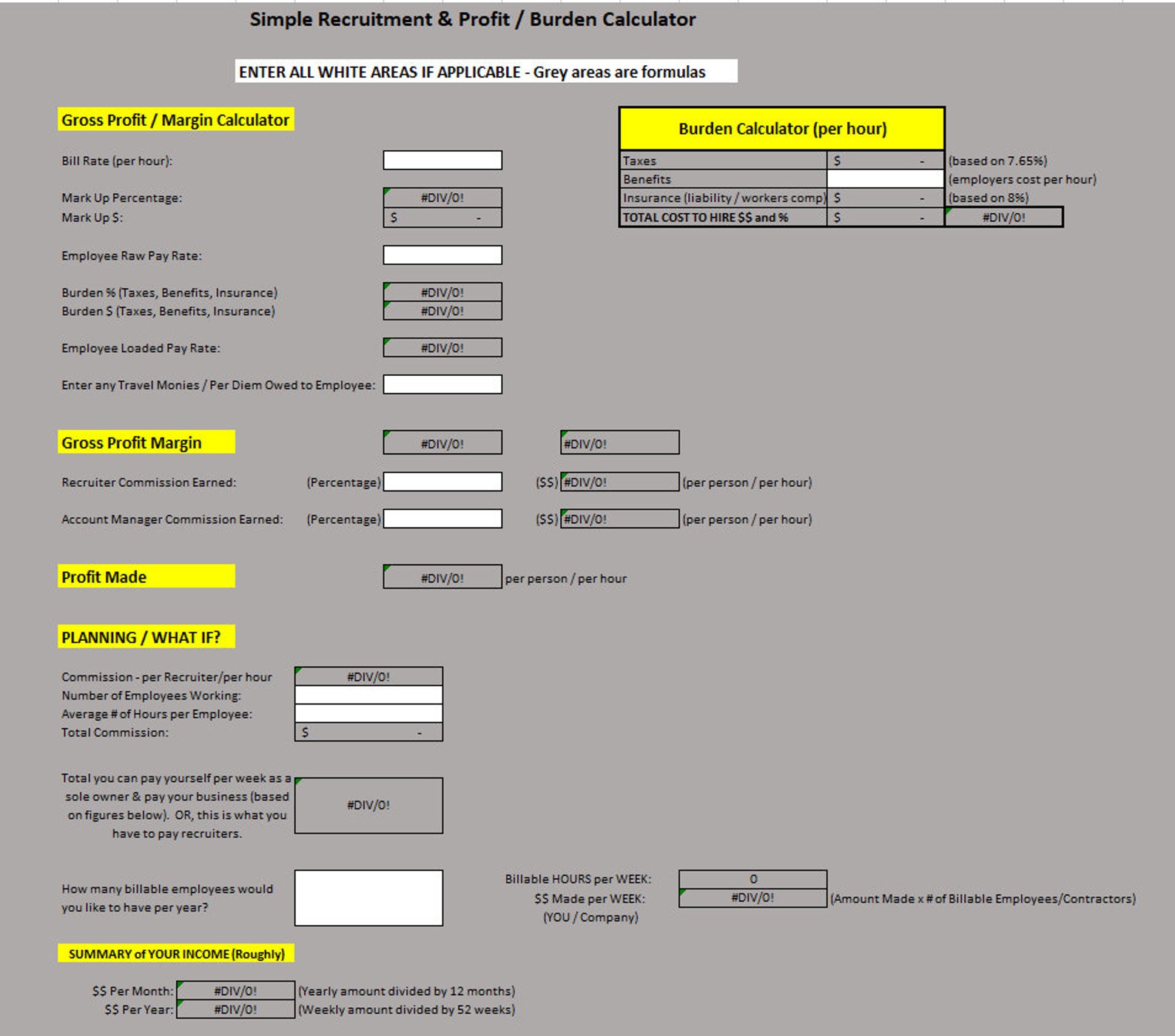 Labor & Gross Profit Burden Calculator - Excel Template - Excellent ...