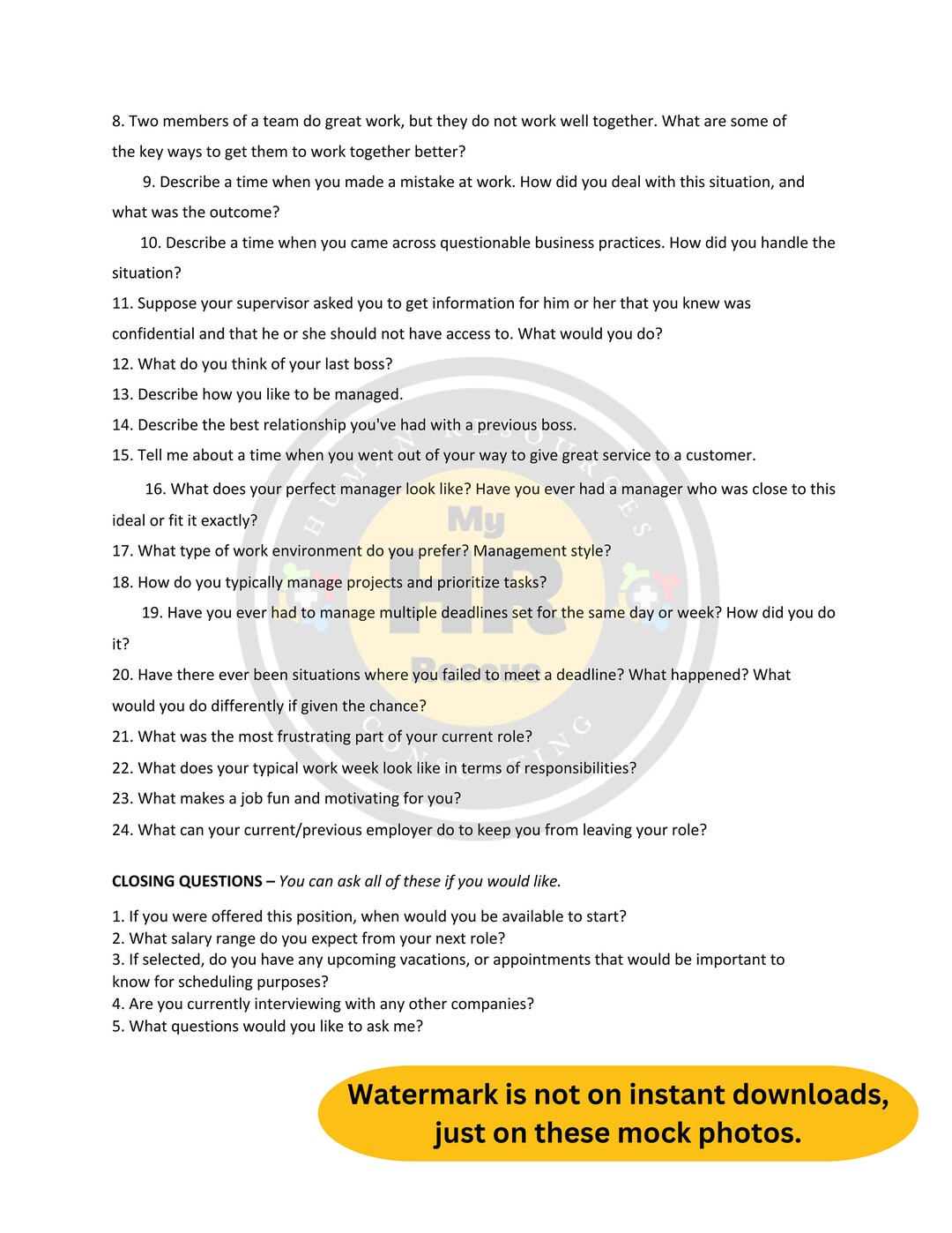 HR Approved - Interview Questions Template - PDF & Word - Etsy