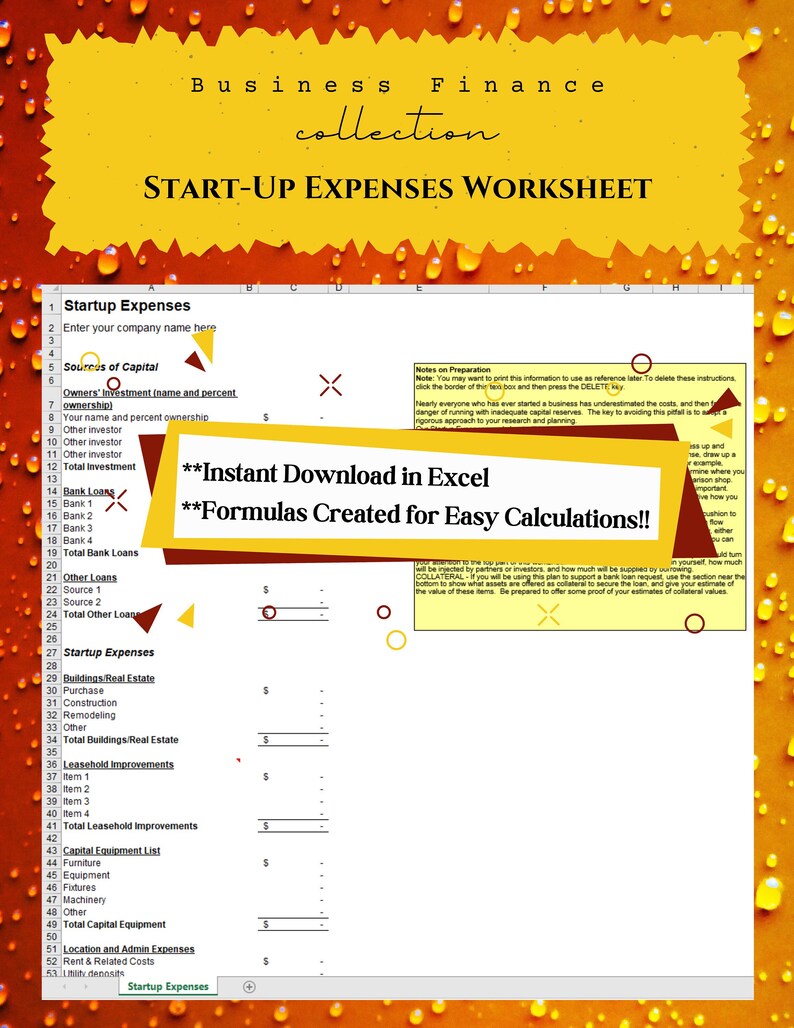 Start-up Expenses Excel Worksheet Template - Predesigned Formulas for ...
