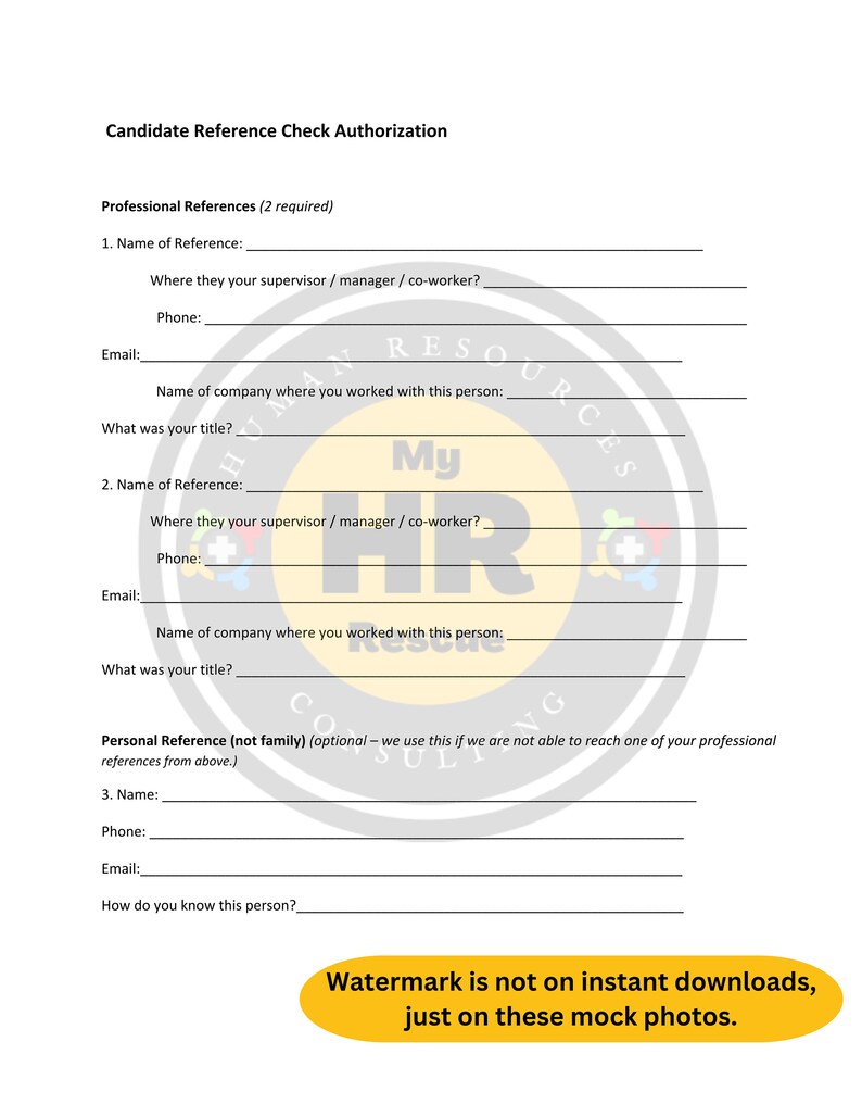 Candidate Reference Check Authorization Form-template (PDF and Word) - Etsy