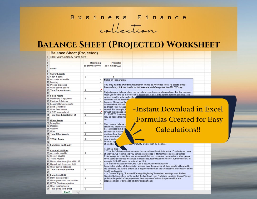 Projected Balance Worksheet Excel Template W/ Pre-designed Formulas for ...