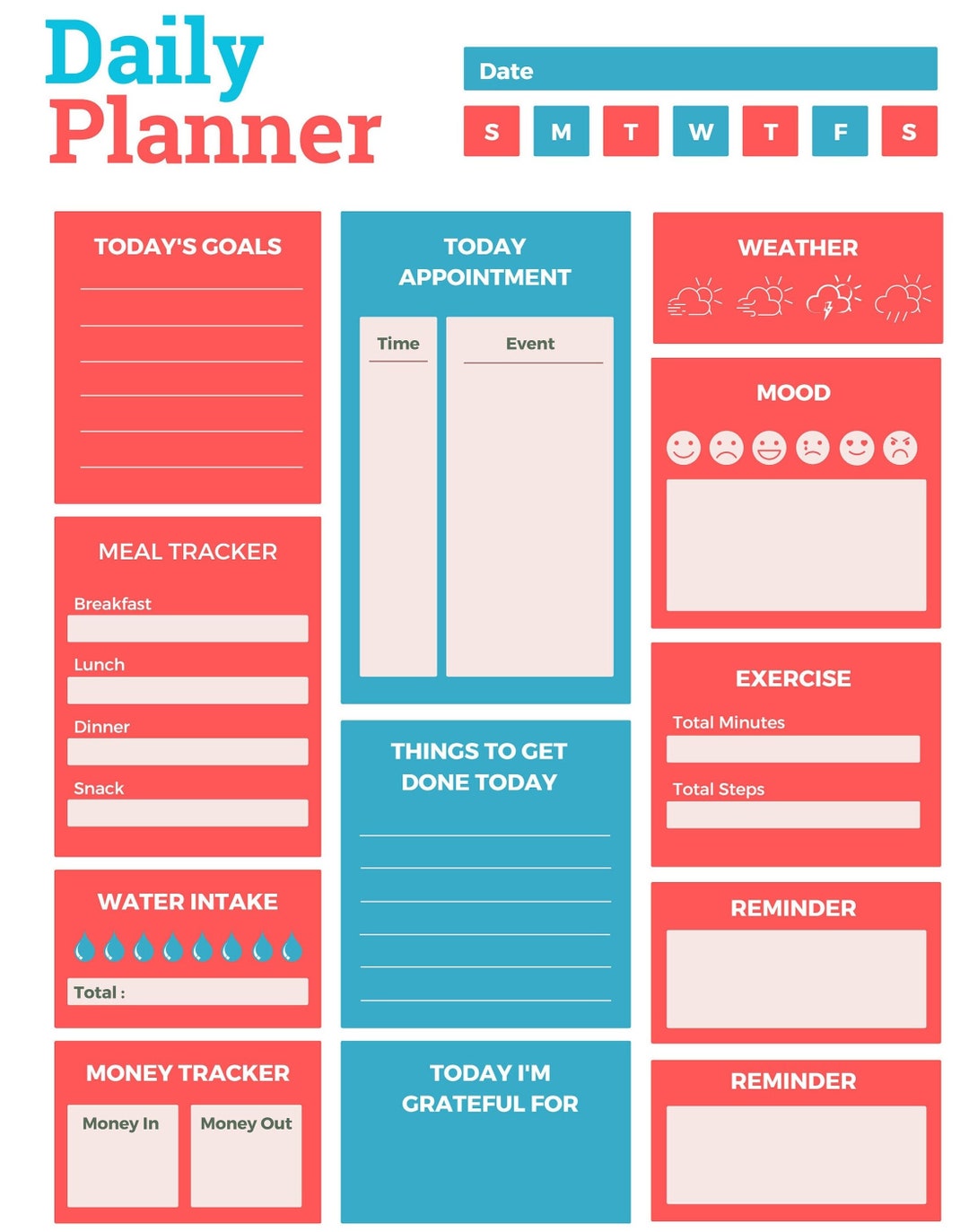 Red Blue Daily Planner and Schedule - Digital Download - Etsy