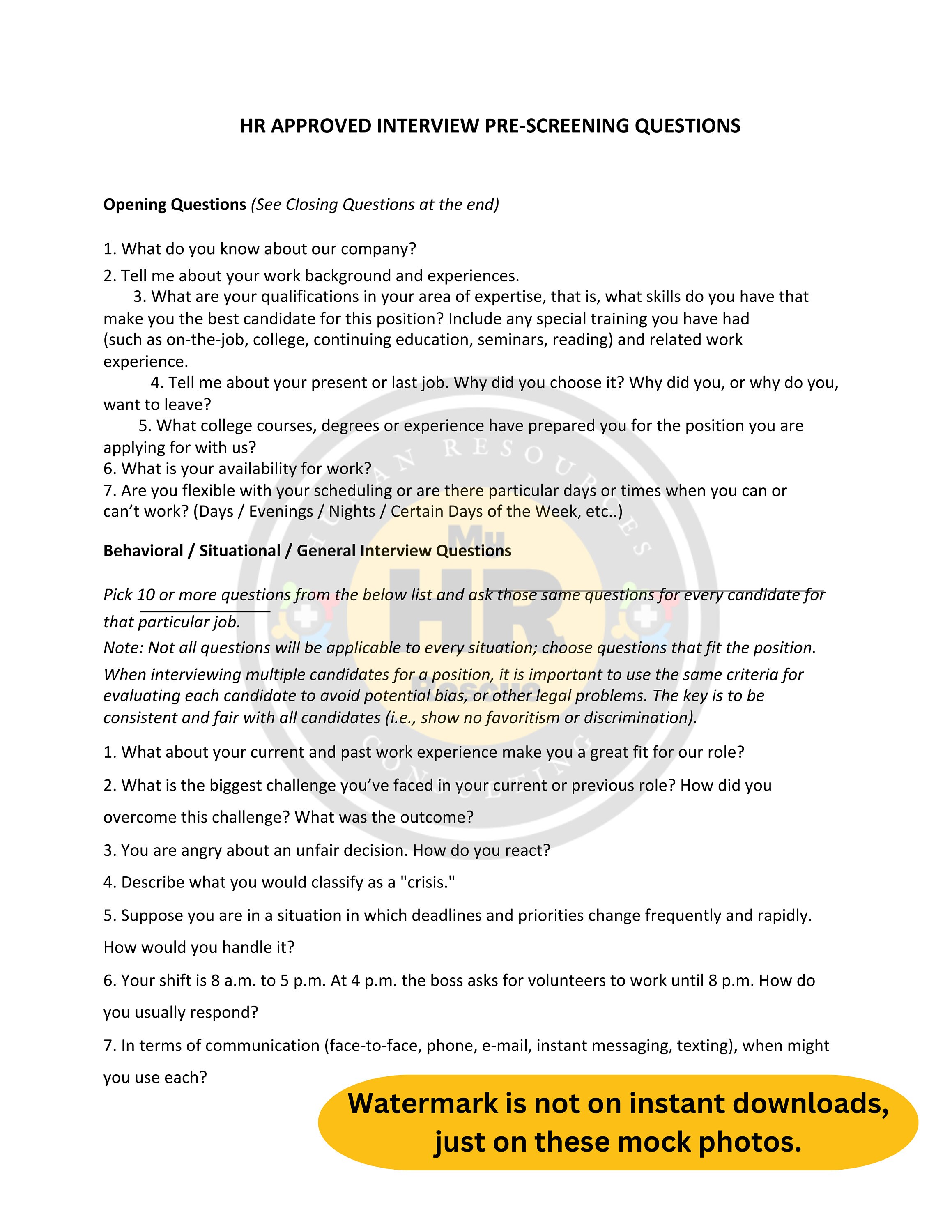 HR Approved - Interview Questions Template - PDF & Word - Etsy