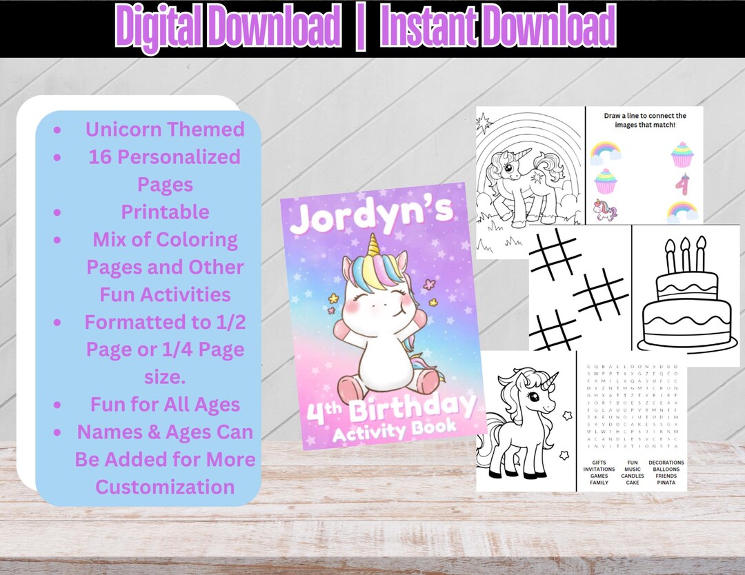 Unicorn Birthday Activity Book: Coloring Pages, Maze (digital Download ...