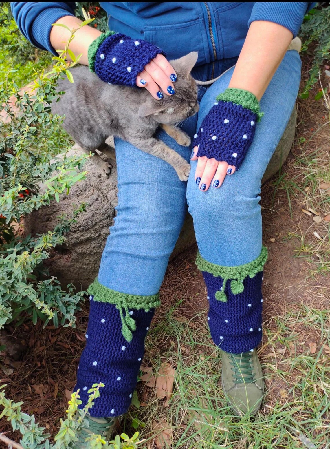 Blueberry Knit Gloves & Leg Warmers Set, Soft Girl Cottagecore Winter ...