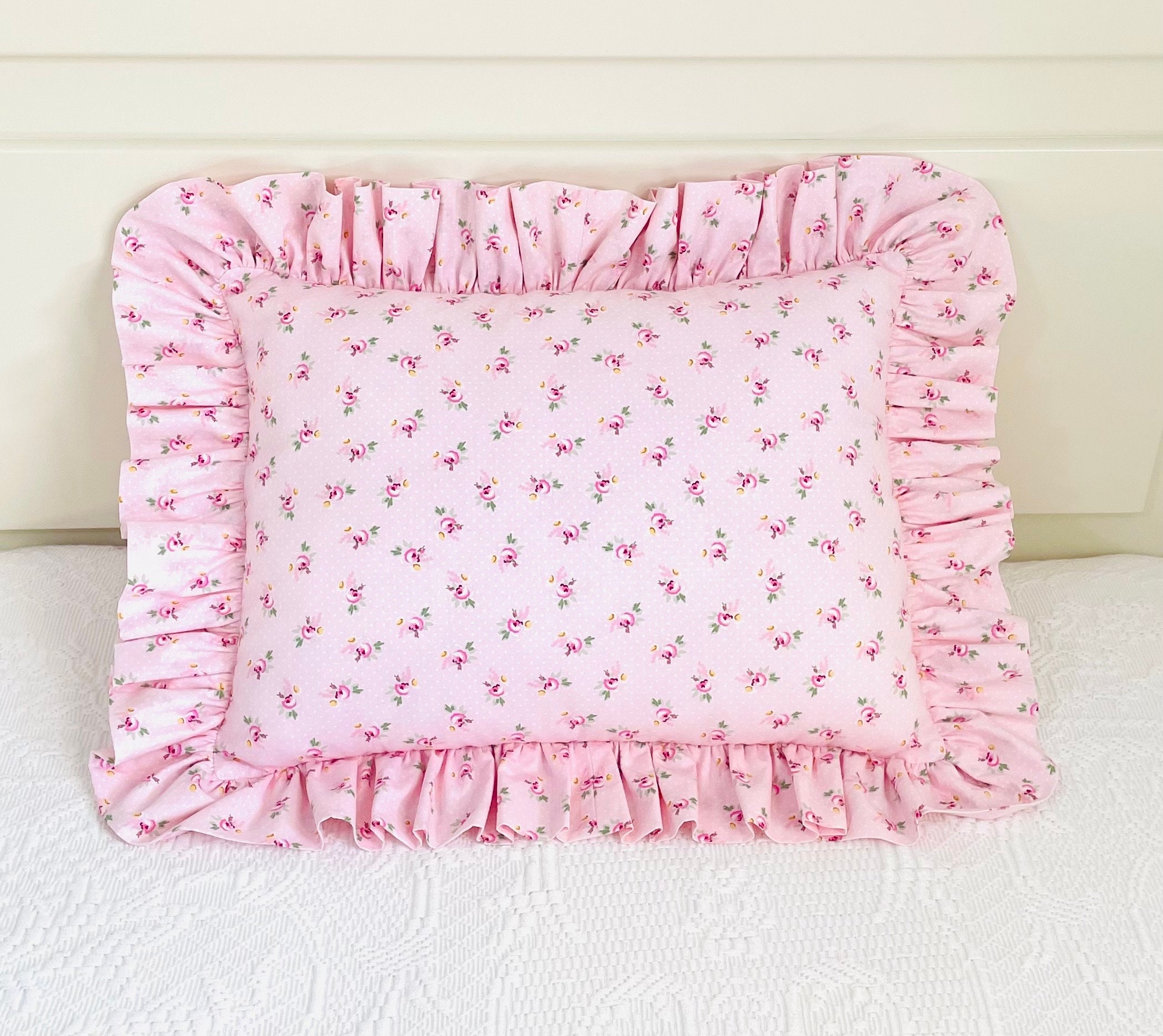 Pink Floral Pillow With Ruffles, Decorative Cushion, Romantic Throw ...