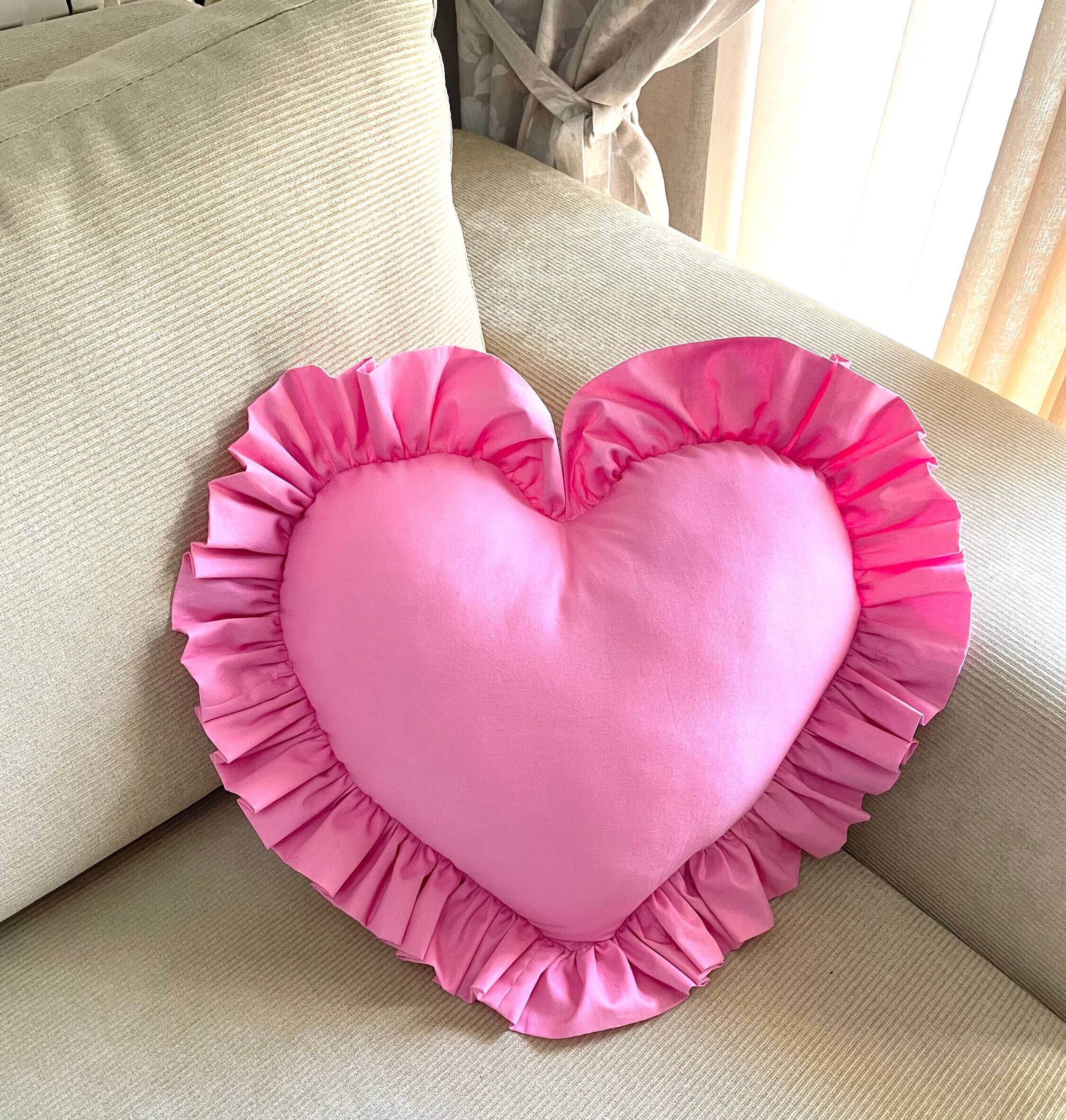 Pink Heart Pillow With Ruffles, Pink Cushion, Kids Room Decor, Kids ...