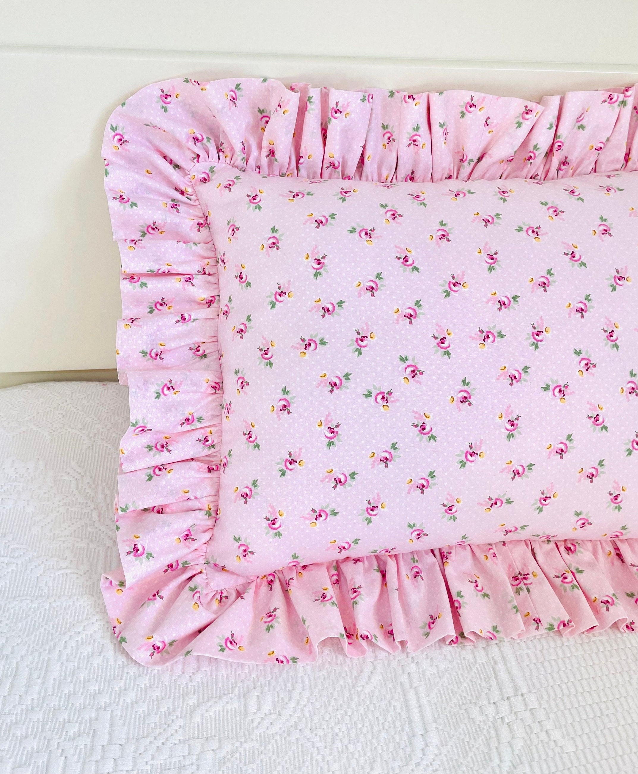 Pink Floral Pillow With Ruffles, Decorative Cushion, Romantic Throw ...