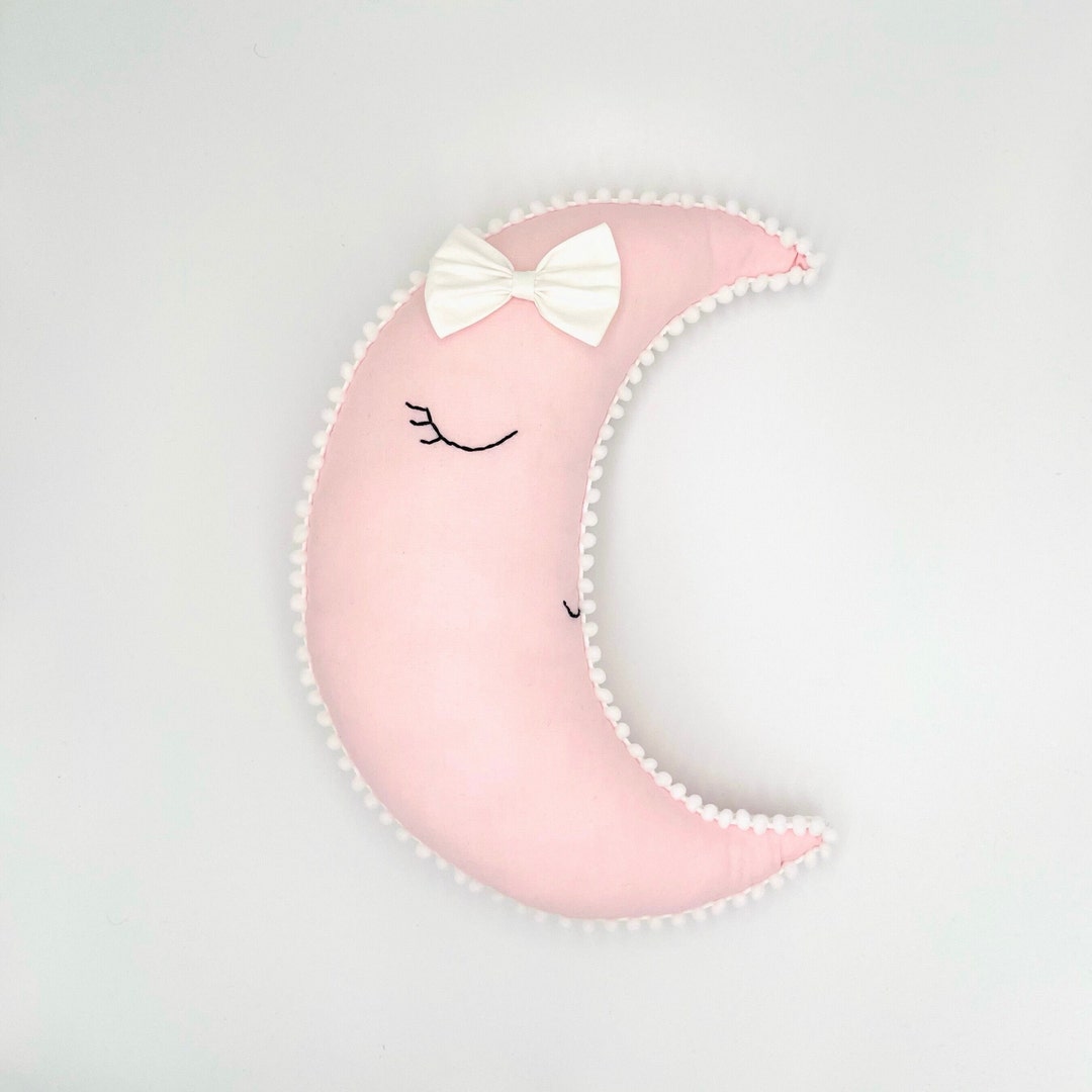 Crescent Moon Pillow, Pink Half Moon Cushion With Pompoms and Bow, Hand ...