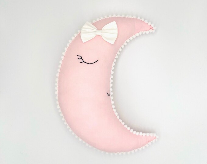 Crescent Moon Pillow, Pink Half Moon Cushion With Pompoms and Bow, Hand ...