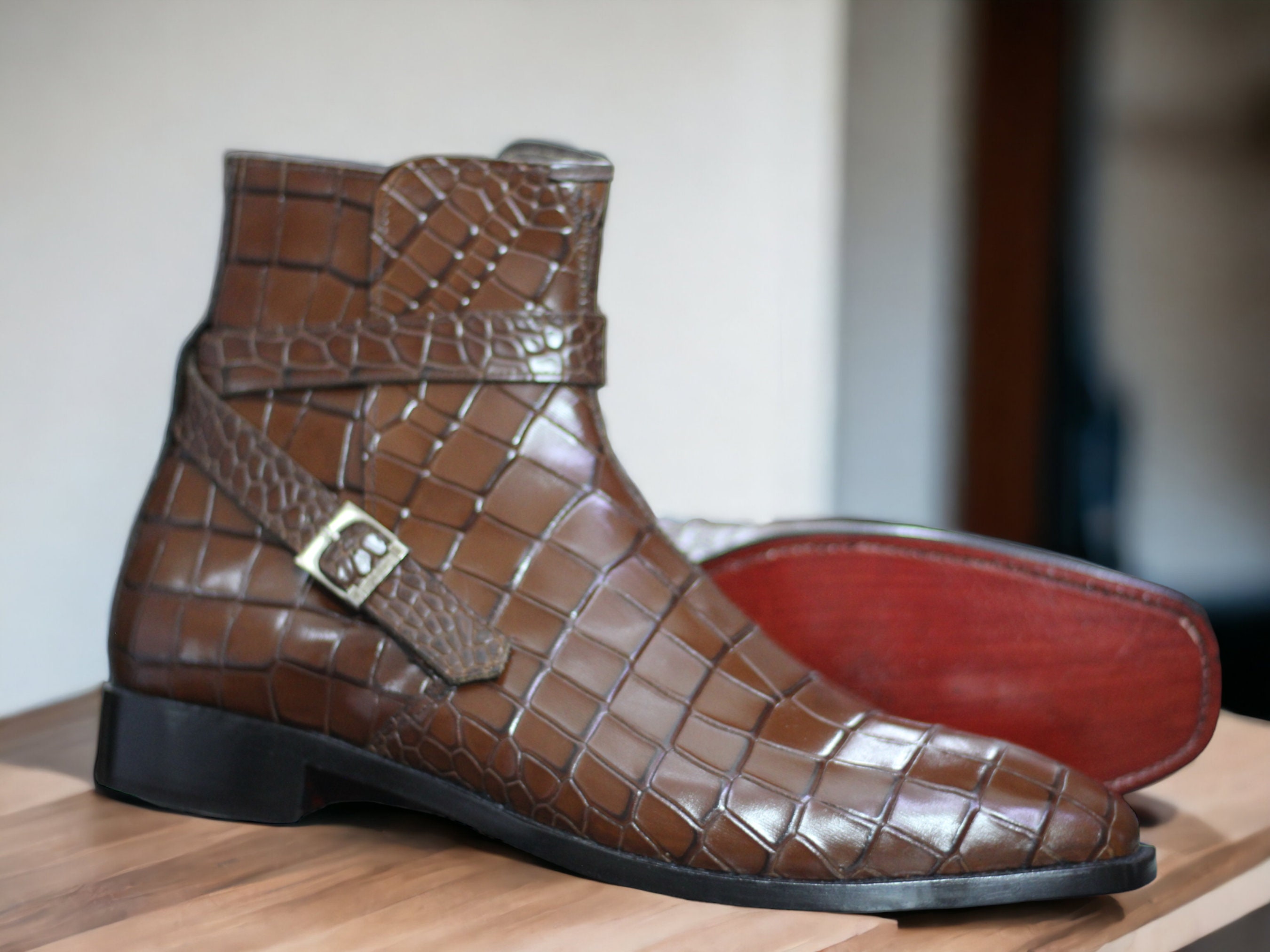 New Handmade Alligator Boots, Stylish Versatile Red Ankle Leather Boots ...