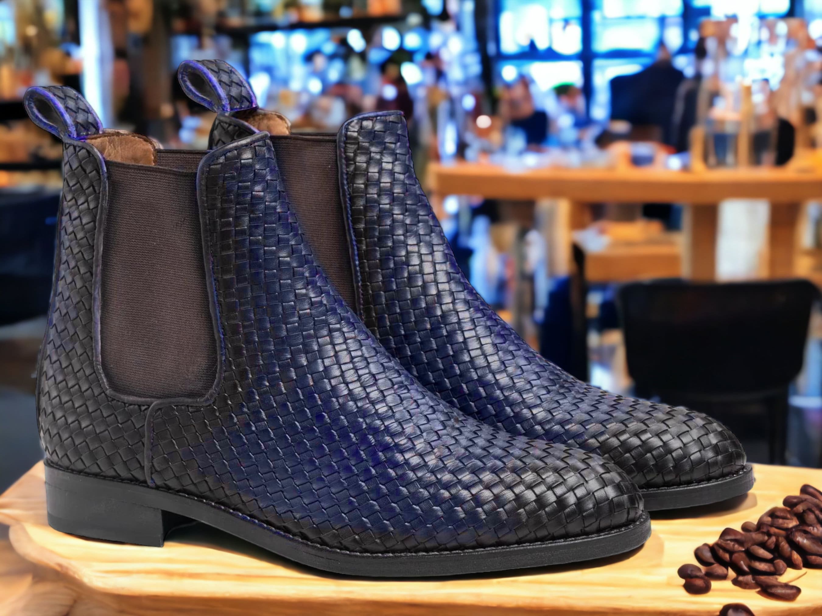 Handmade Men Woven Leather Boots, Men Dress Chelsea Boots, Black Men ...