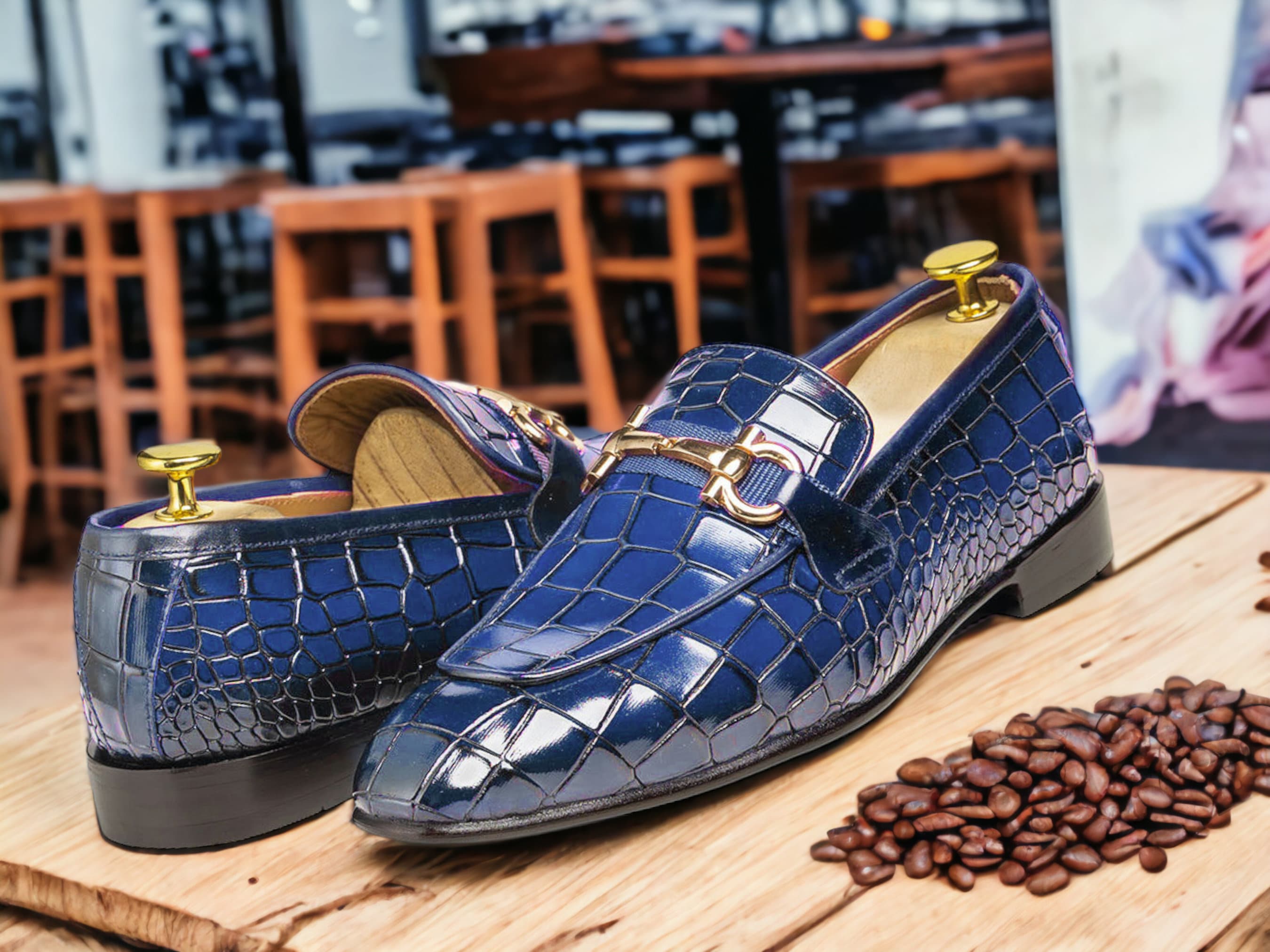 Men Handmade Red Alligator Texture Leather Shoe, Dress Purple Slip-on ...