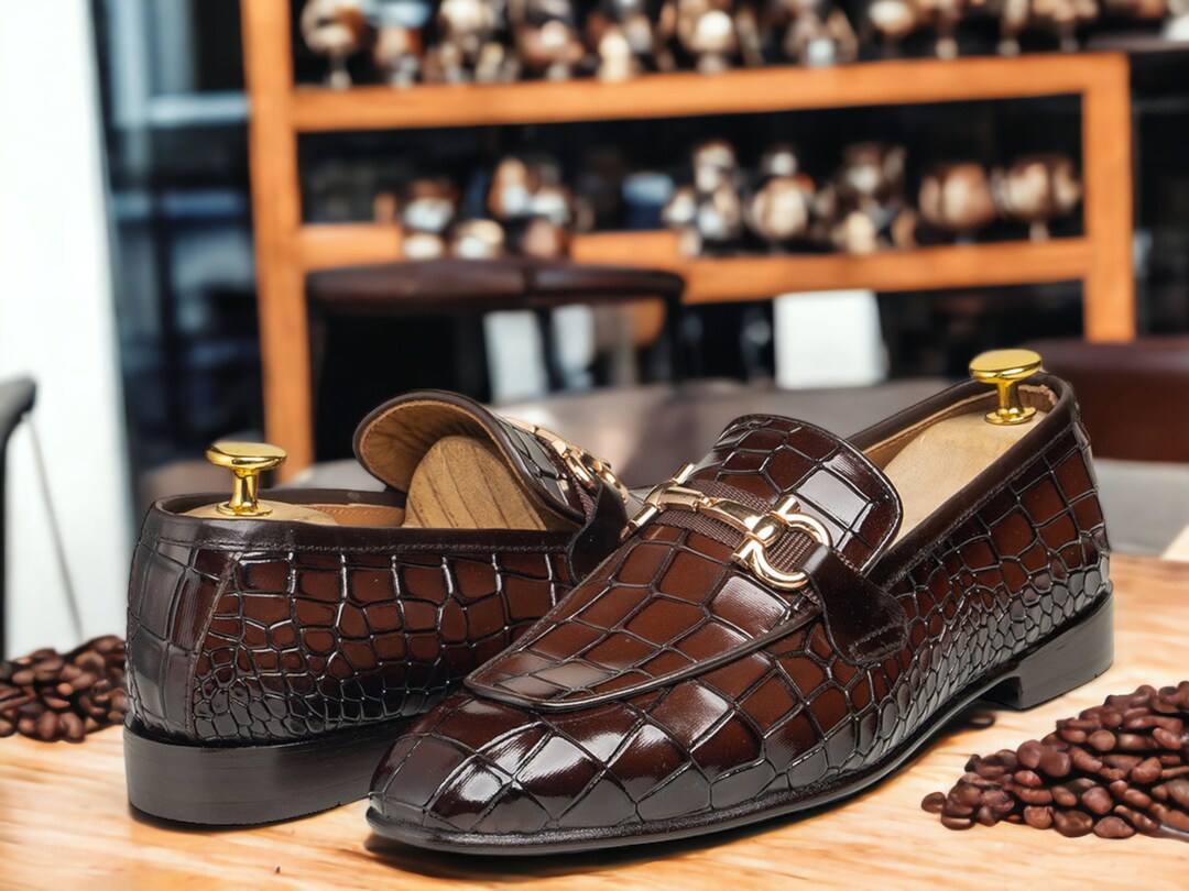 Men Handmade Red Alligator Texture Leather Shoe, Dress Purple Slip-on ...