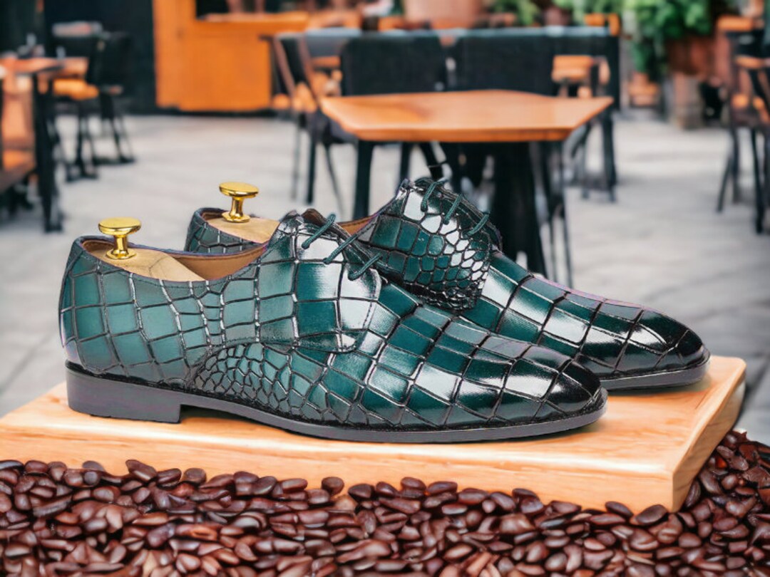 Men Handmade Red Alligator Texture Leather Shoe, Dress Purple Derby ...