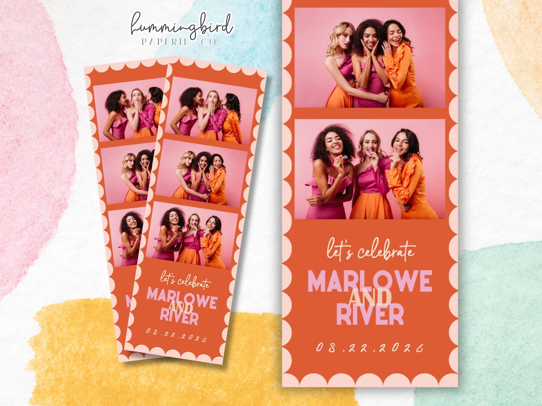 Colorful Fun Retro Photobooth Template in Pink and Red, 2x6 Photo Strip ...
