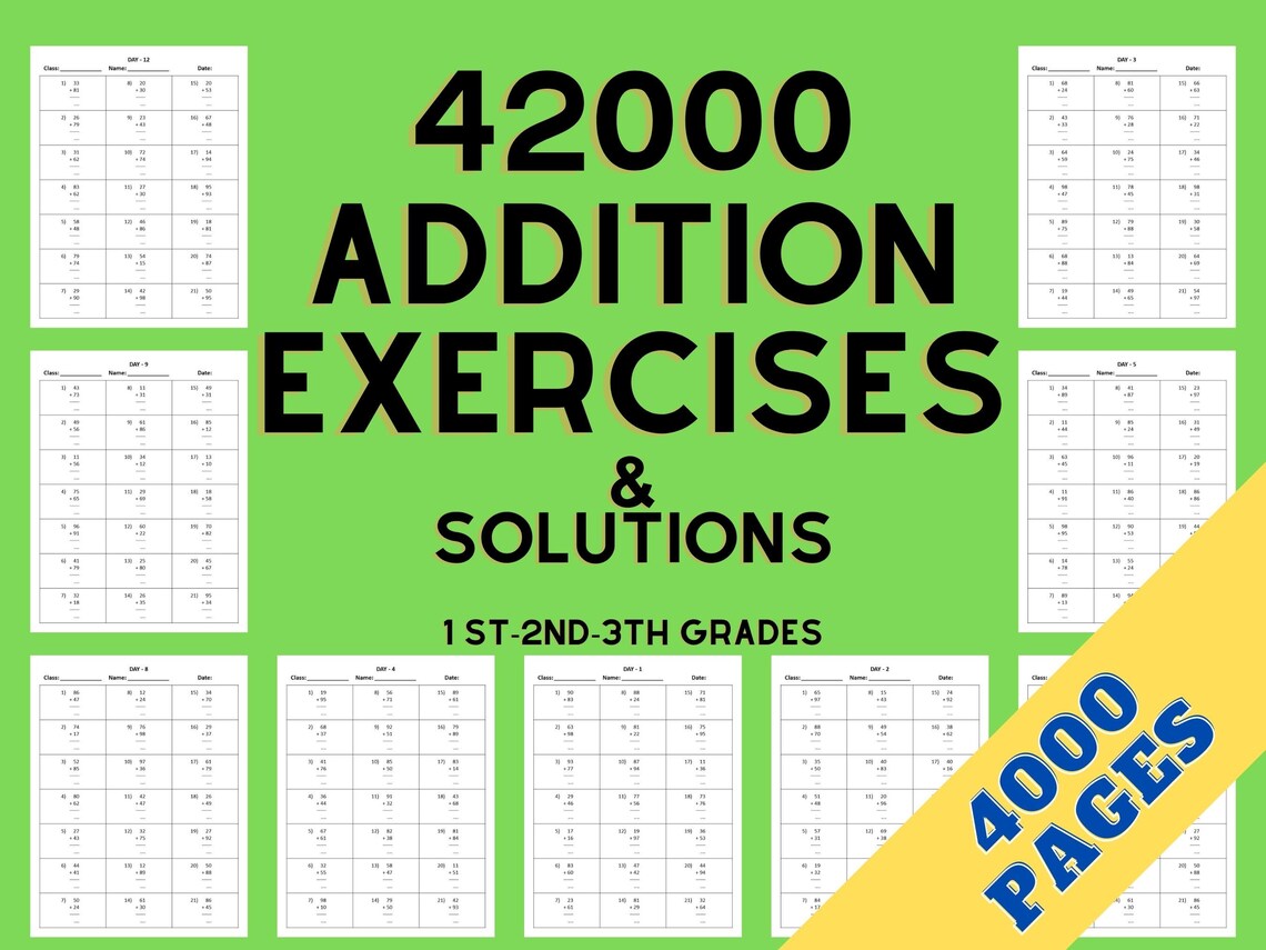 42,000 Addition Exercises 4000 Worksheets for Grades 1-2-3 Engaging ...