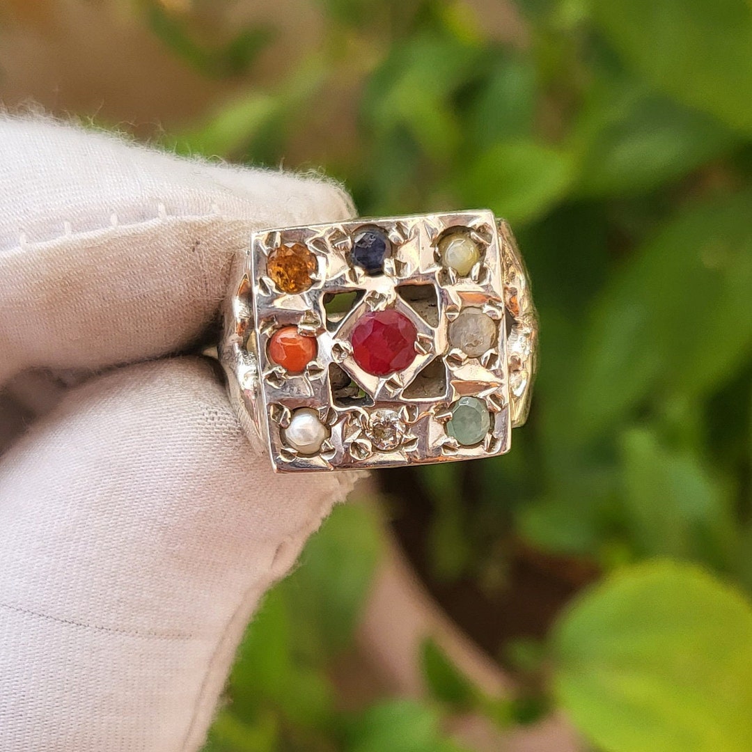 Navratan Ring 9 Precious Gemstone Ring 925 Sterling Silver Ring Round ...
