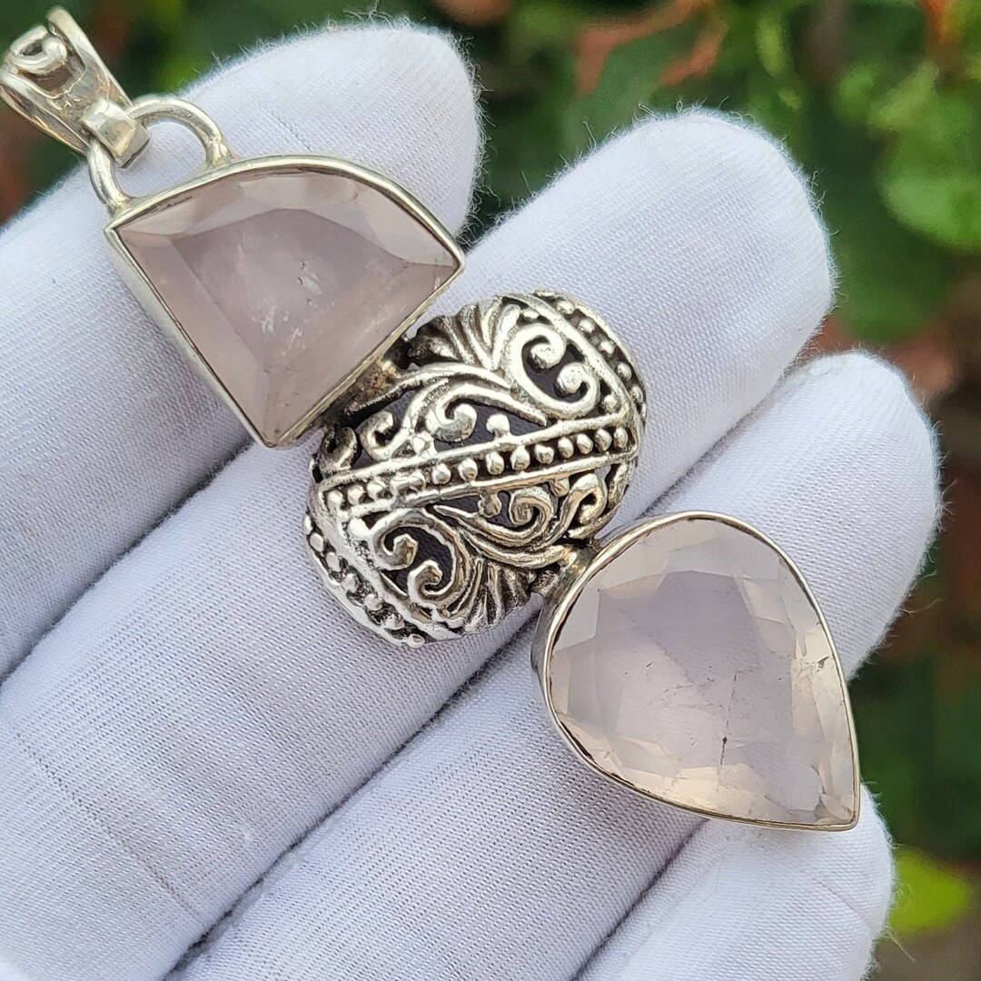 Rose Quartz Pendant, in 925 Sterling Silver Pendant Two Stone Pendant ...