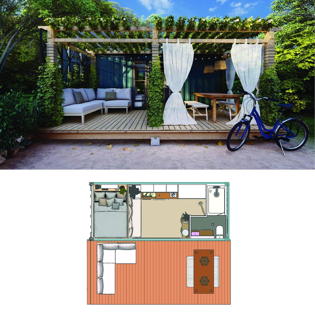 Shipping Container Floor Plan Studio W/ 1 Bath (160SF) Floor Plan ADU ...