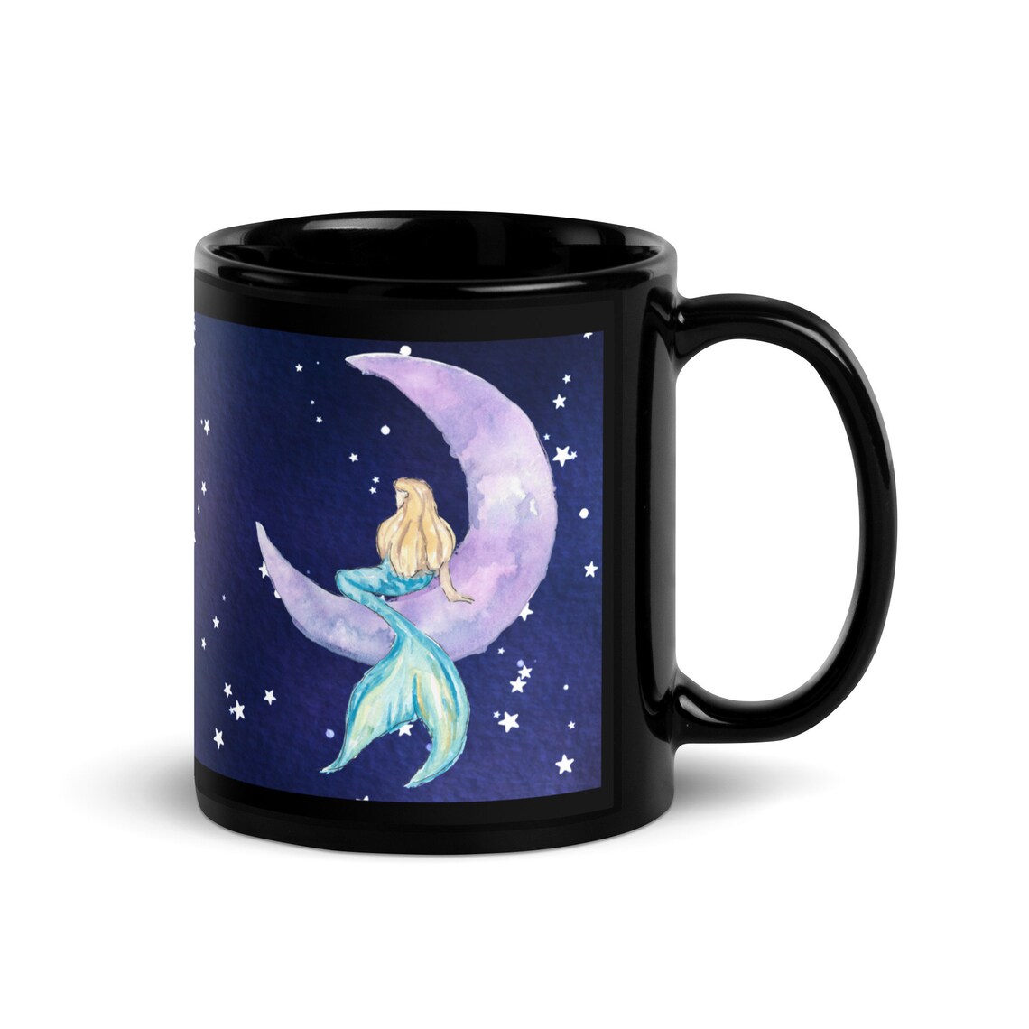 Crescent Moon Mermaids Celestial Black Glossy 11 Oz Coffee Tea Mug Cup ...