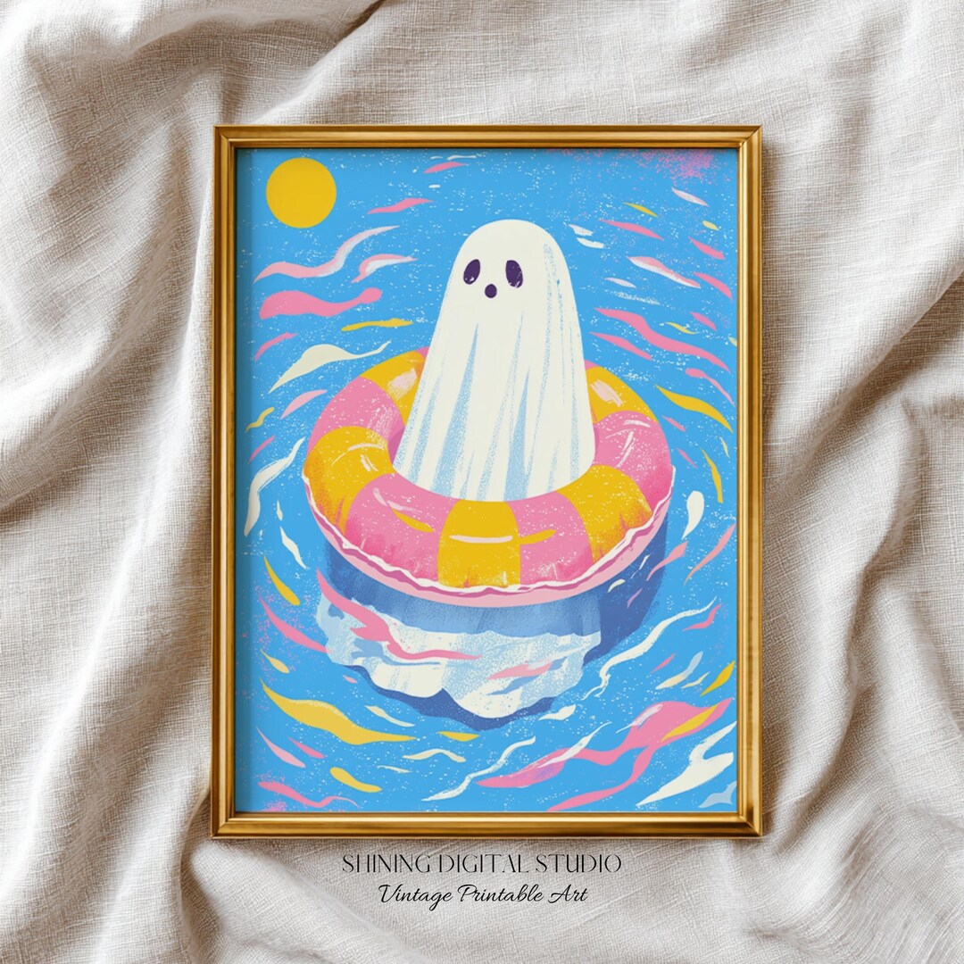 Cute Ghost Beach Print, Summerween Spooky Halloween Pool Party, Pink ...