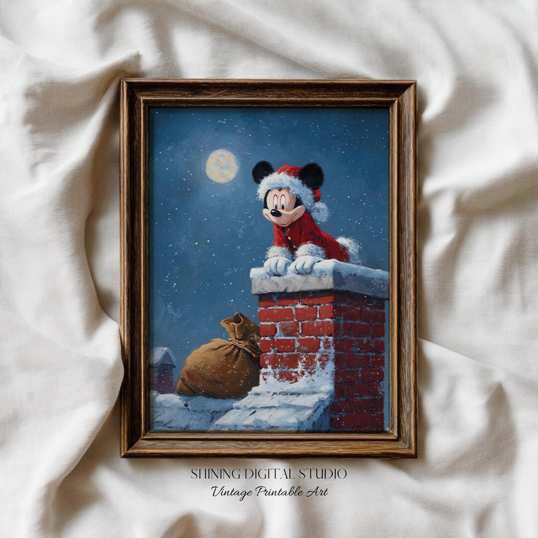 Disney Retro Mickey Mouse Santa on Chimney Christmas Wall Art, Vintage ...