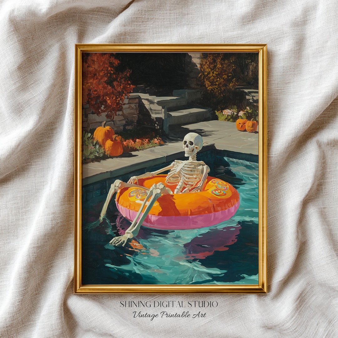 Summerween Skeleton Beach Print, Spooky Pastel Halloween Art, Spooky ...