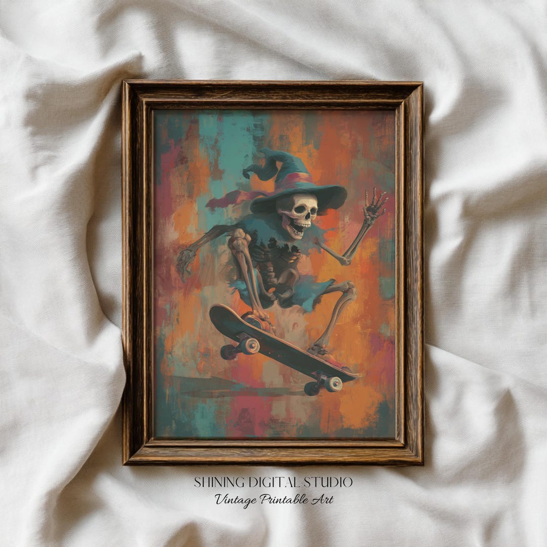 Witch Skeleton Skateboard Art Print, Spooky Halloween Decor, Cool Witch ...