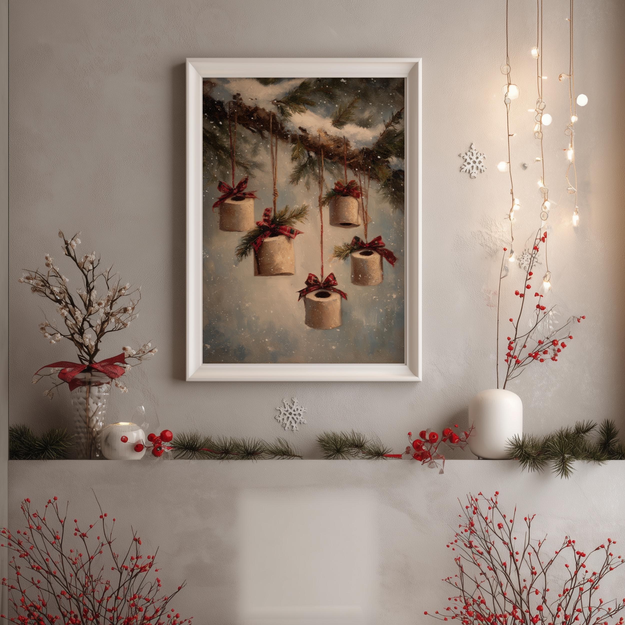 Retro Christmas Bathroom Sign Wall Art, Funny Toilet Paper Ornament ...