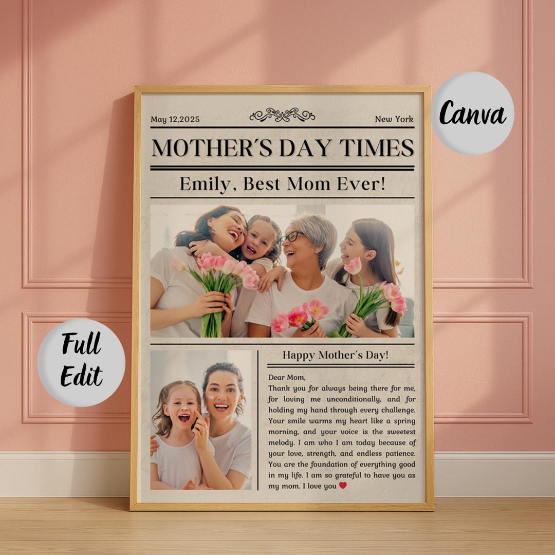 Personalized Mother's Day Newspaper Art, Canva Template, Mothers Day ...