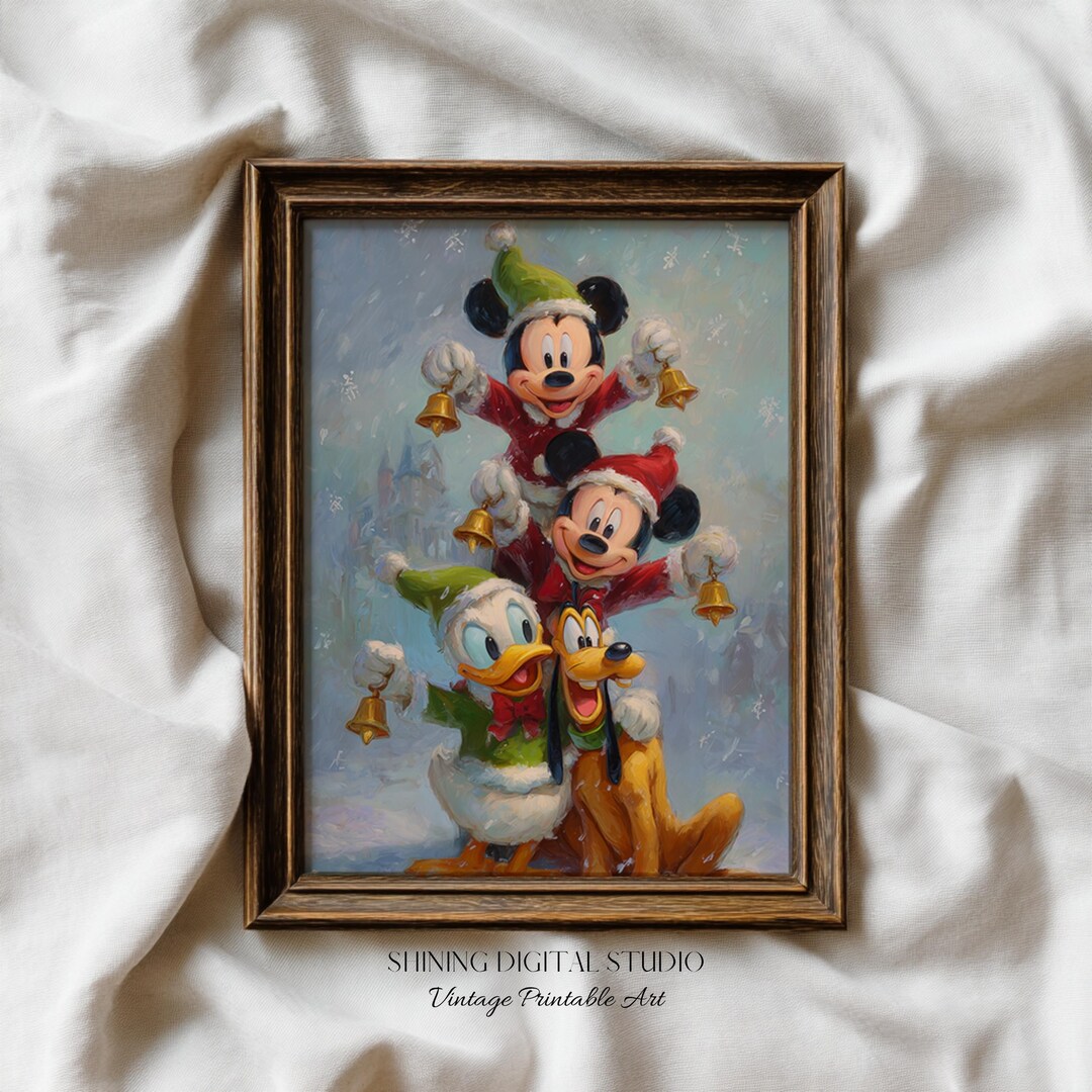 Christmas Mickey Mouse Santa With Donald Duck and Pluto Print, Retro Disney Santa Merry ...
