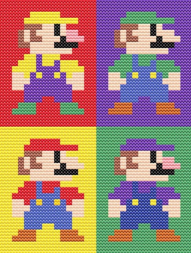 Retro Super Mario Inspired Wario Luigi Waluigi Cross Stitch Pattern PDF ...