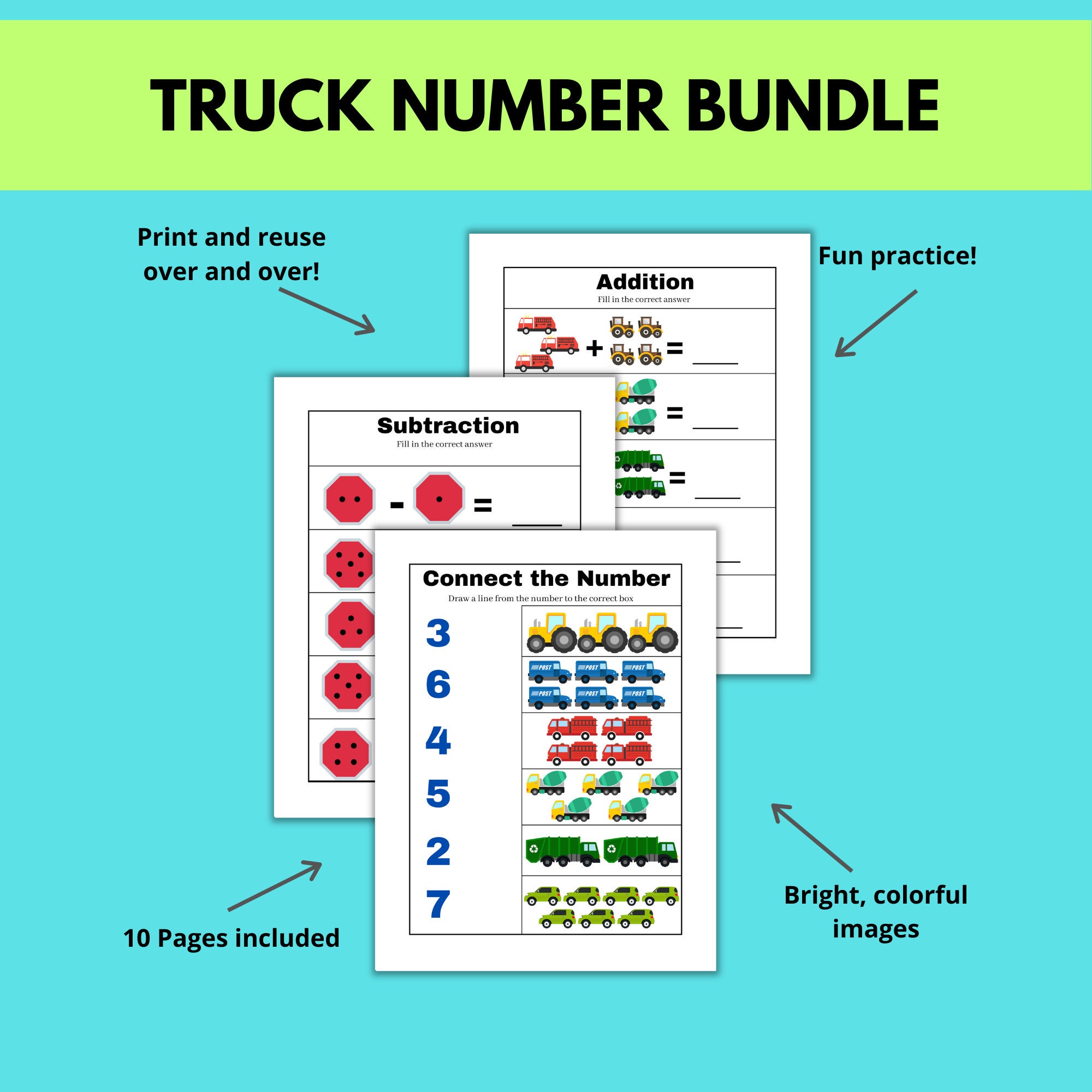 Truck Themed Math Learning Worksheet Packet, Kindergarten Math ...